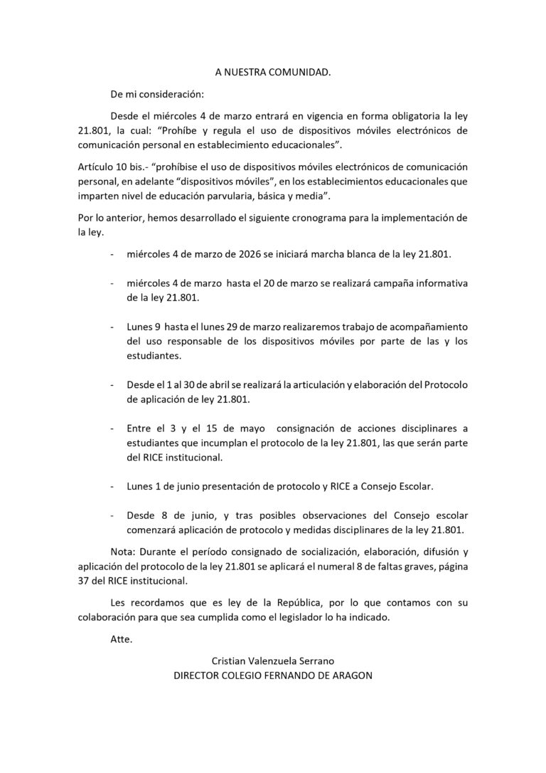 Comunicado por Ley de Uso de Celulares en nuestro establecimiento ...